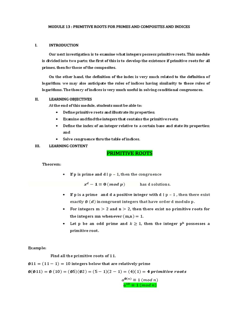 Module 14 Primitive Roots For Primes and Composites and Indices | PDF