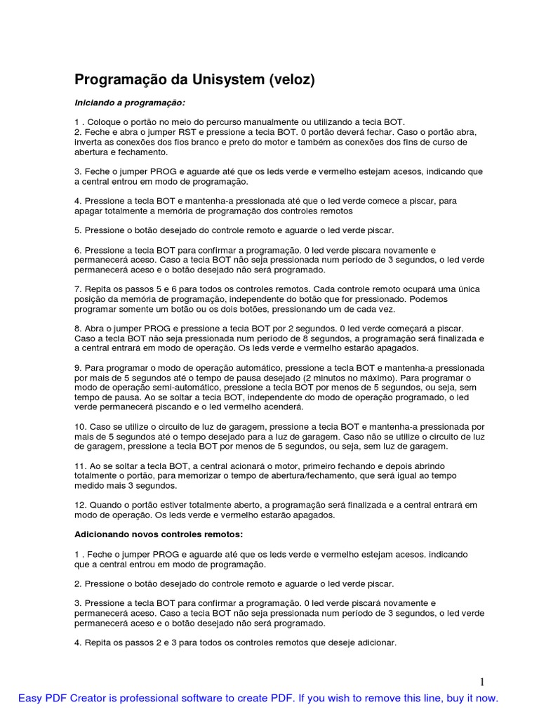Guia de Programação de Portões Unisystem | PDF