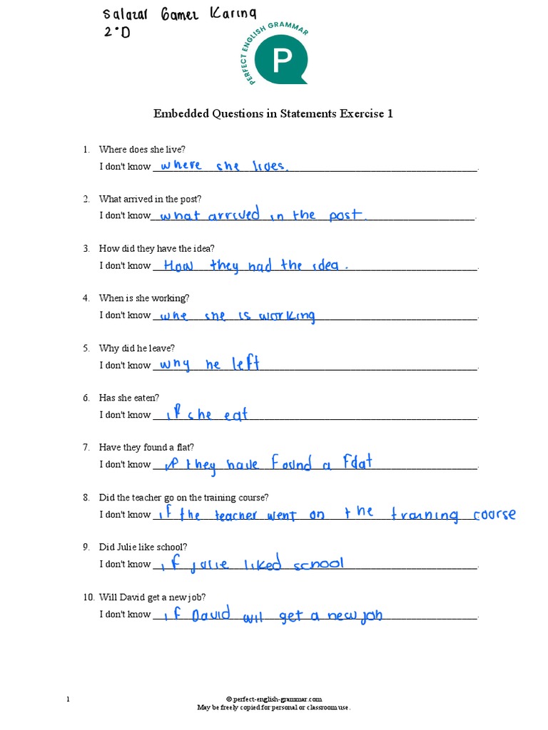 embedded-questions-in-statements-exercise-1 | PDF