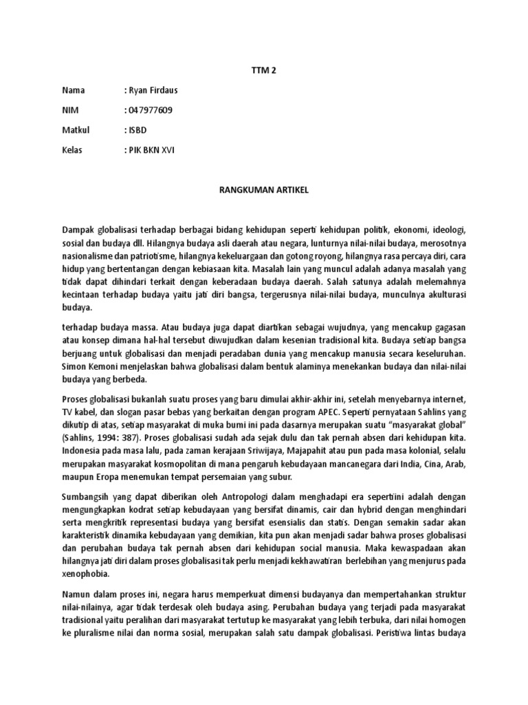 TTM 2 Artikel ISBD Dampak Globalisasi Terhadap Keberagaman Budaya | PDF
