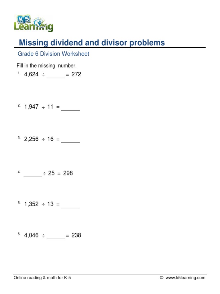 Grade 6 Division Missing Dividend or Divisor F | PDF