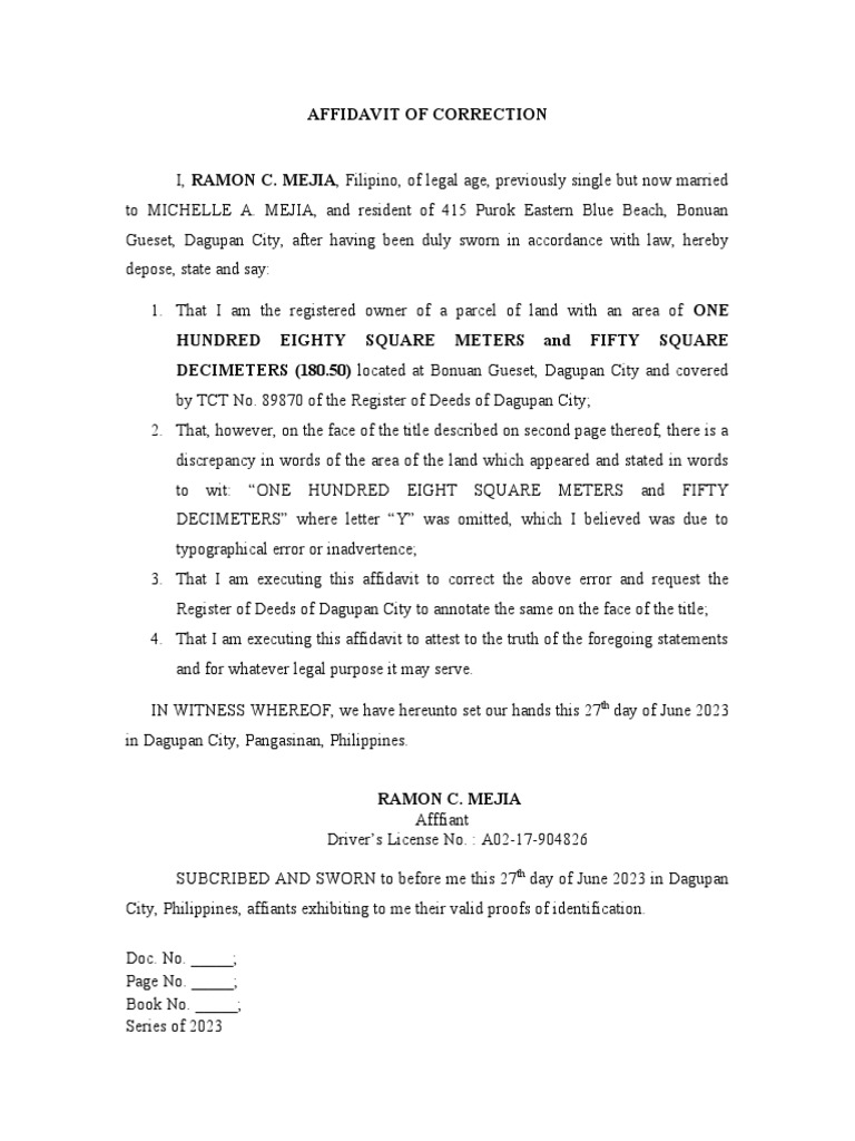 AFFIDAVIT OF CORRECTION - Land Area | PDF