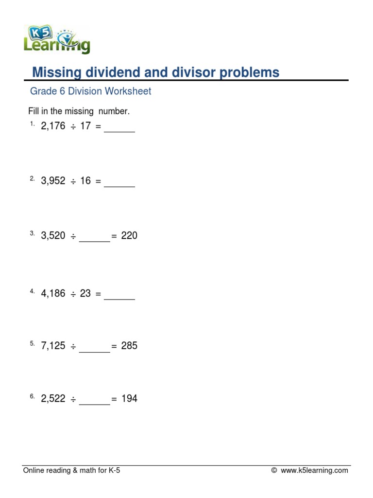 Grade 6 Division Missing Dividend or Divisor B | PDF
