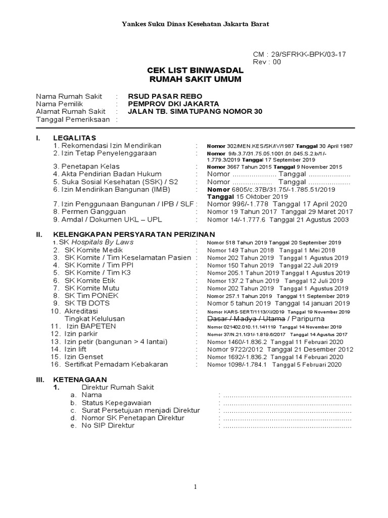 Checklist Binwasdal RS Ok | PDF