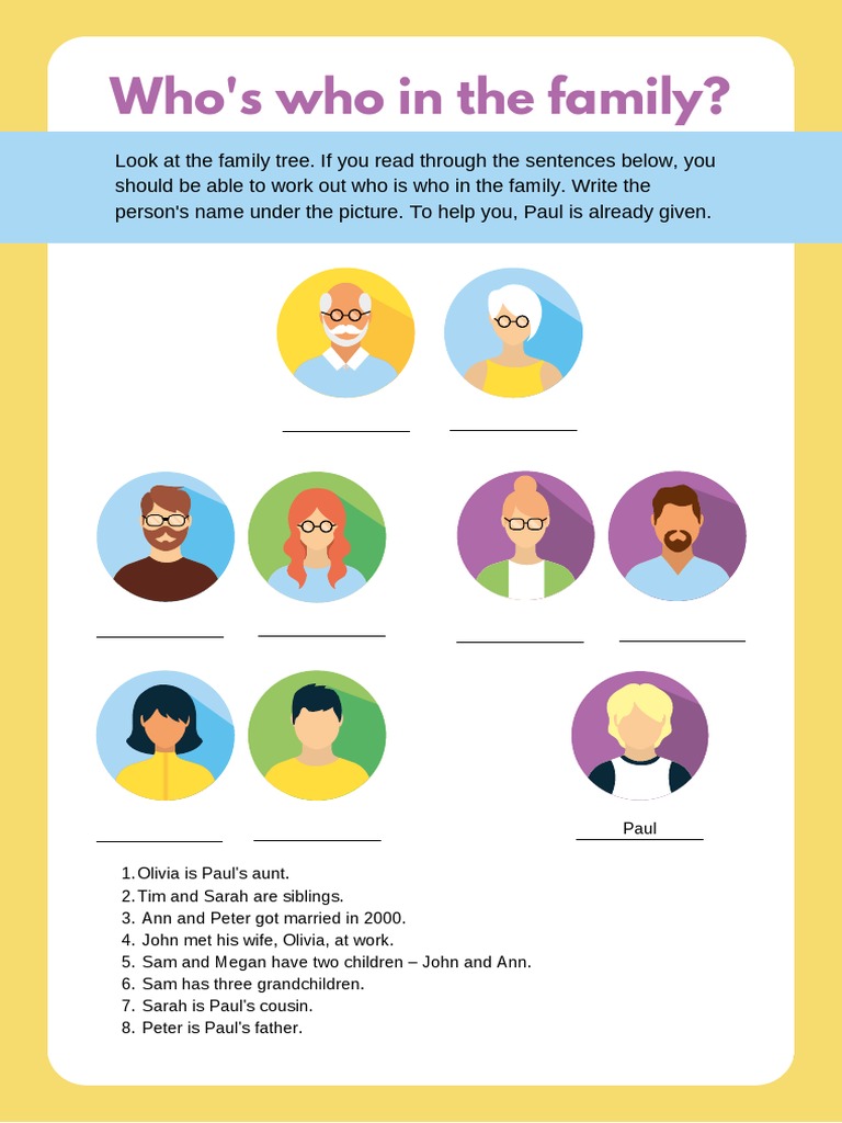 Colorful Fun Family Tree Logic Problem Worksheet | PDF