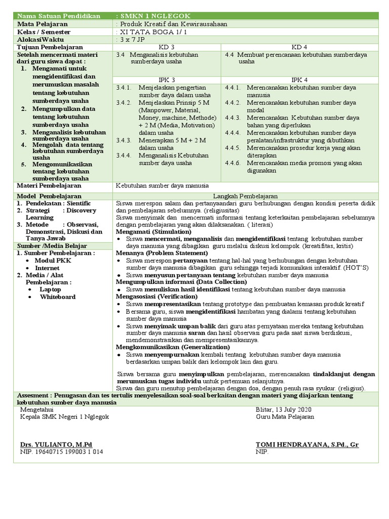 RPP PKK KD 3.4 Kebutuhan Sumber Daya Manusia | PDF