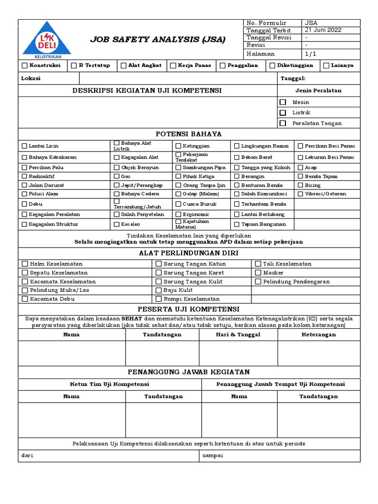 Job Safety Analysis (Jsa) : Deskripsi Kegiatan Uji Kompetensi | PDF
