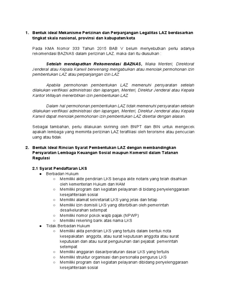 Kajian Mekanisme Ideal Perizinan Dan Perpanjangan Legalitas Lembaga Amil Zakat (LAZ) | PDF