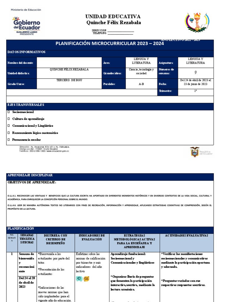 Planificación 9 Semanas $lengua y Literatura Tercero | PDF ...