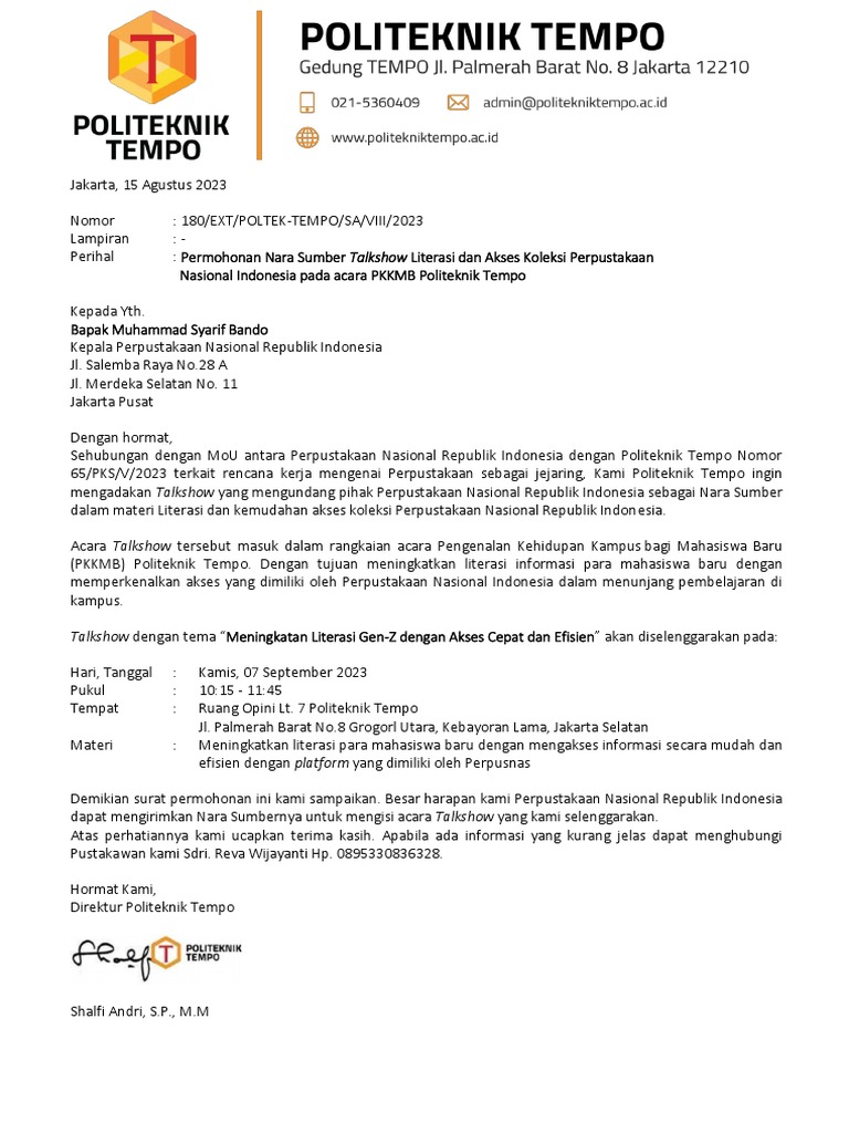 Surat Undangan Talkshow Perpusnas PKKMB Poltek Tempo + Form Kesediaan ...