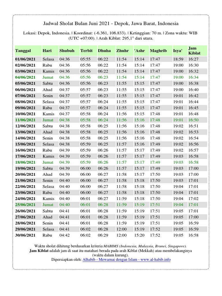 Jadwal Sholat Bulanan 2021 6 | PDF