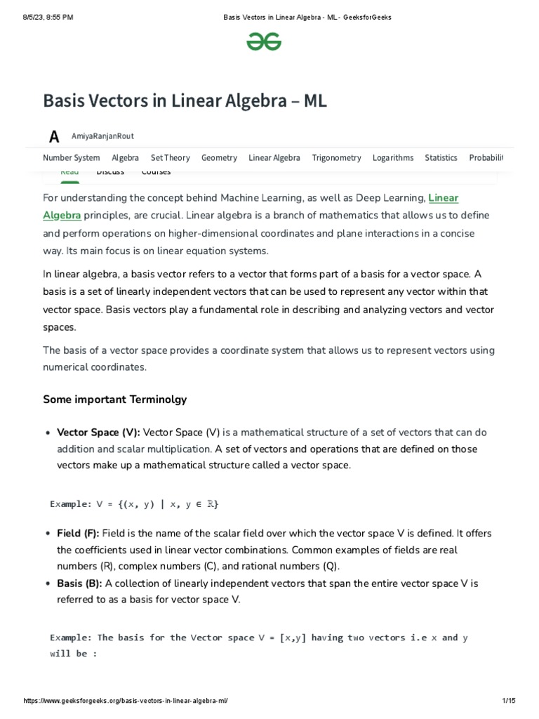 Basis Vectors in Linear Algebra - ML - GeeksforGeeks | PDF