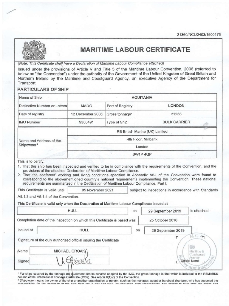 Maritime Labour Certificate Overview | PDF