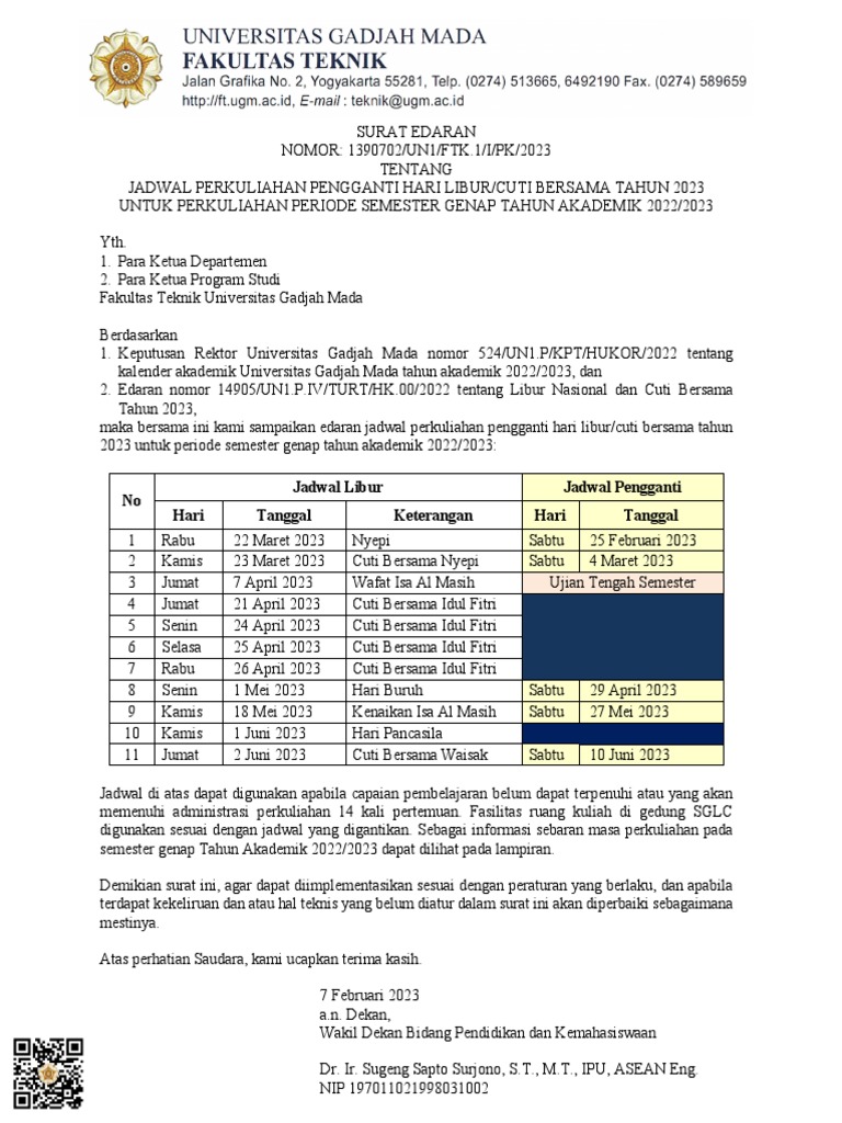 Jadwal Perkuliahan Pengganti Hari Libur Cuti Bersama 2023 Perkuliahan Periode Semester Genap ...