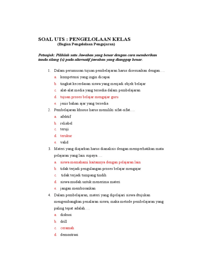 Soal Uts & Uas Pengelolaan Kelas | PDF | Karier & Perkembangan