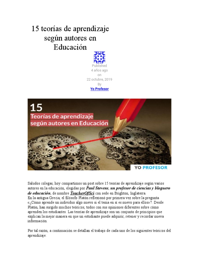 15 Teorías de Aprendizaje Según Autores en Educación | PDF | Aprendizaje | Pensamiento