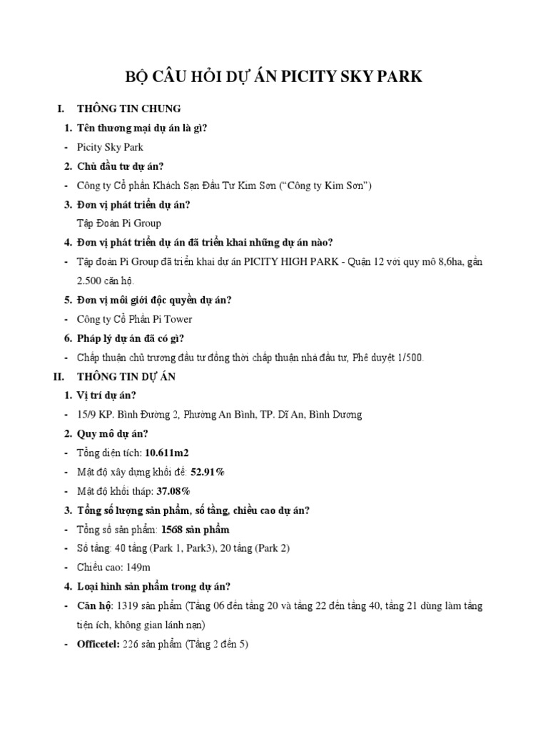BỘ CÂU HỎI DỰ ÁN PICITY SKY PARK | PDF