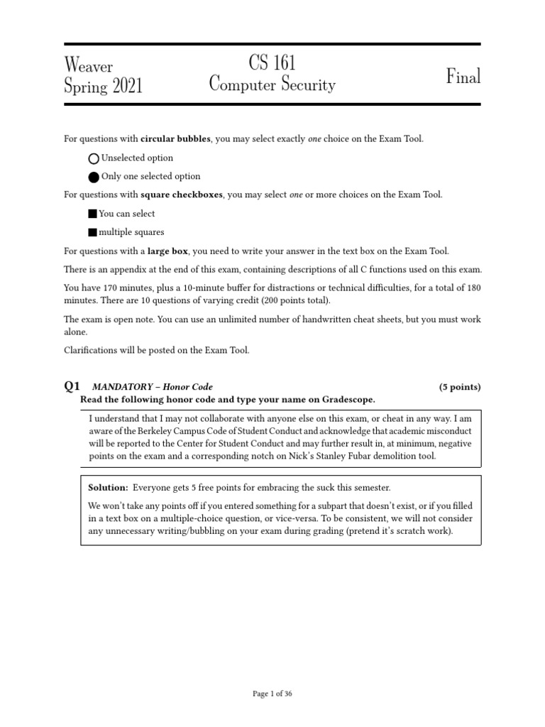 cs161 Sp21final Solutions | PDF