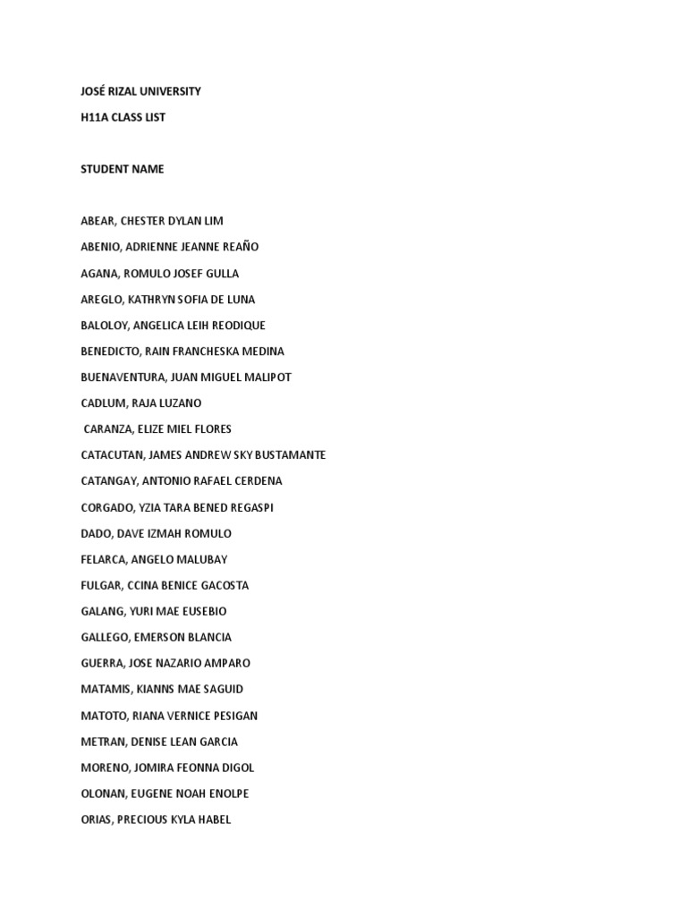 H11a Class List | PDF