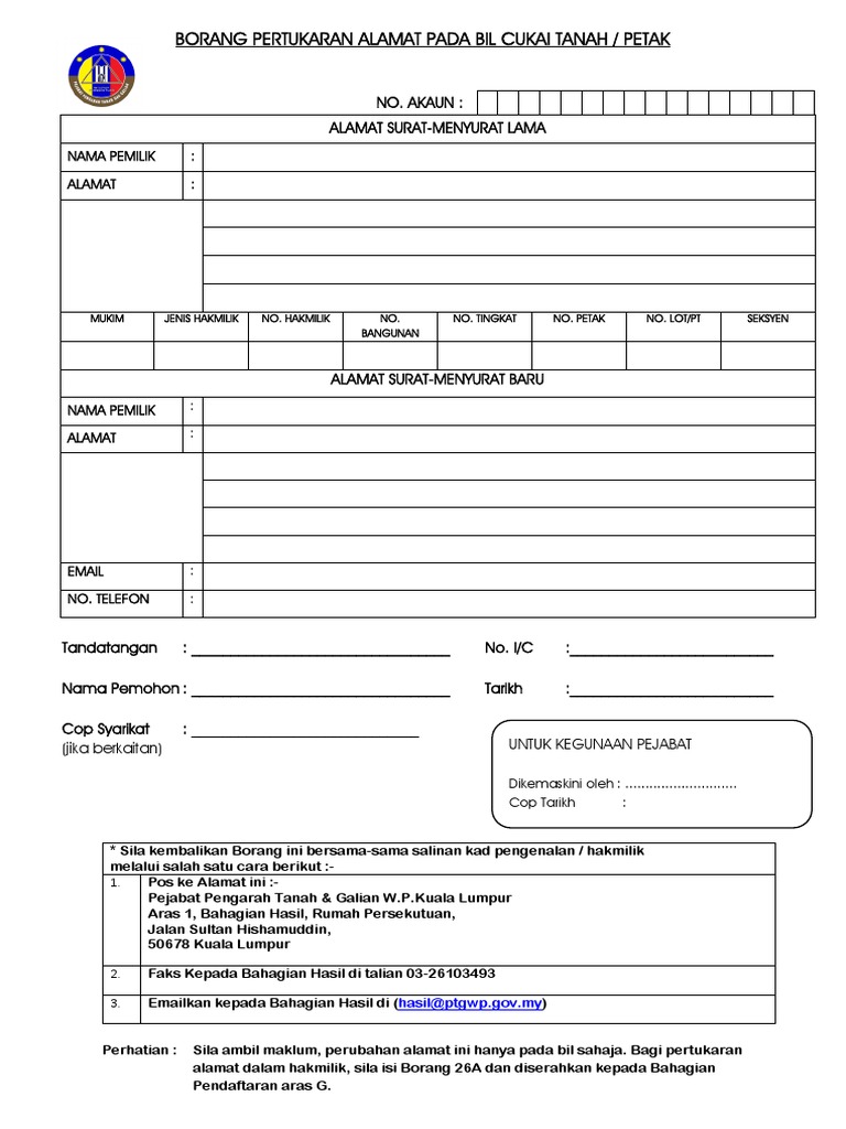 borang tukar alamat dalam bil cukai tanah & petak kaunter | PDF