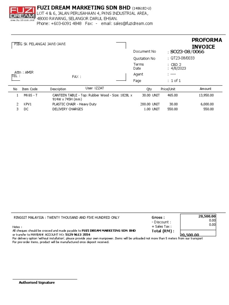 Fuzi Proforma Invoice - Pibg SK Felda Kemasul1 | PDF