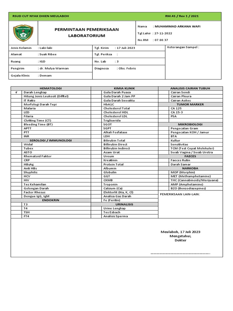 FORM Permintaan Pemeriksaan Laboratorium Revisi 2021 | PDF