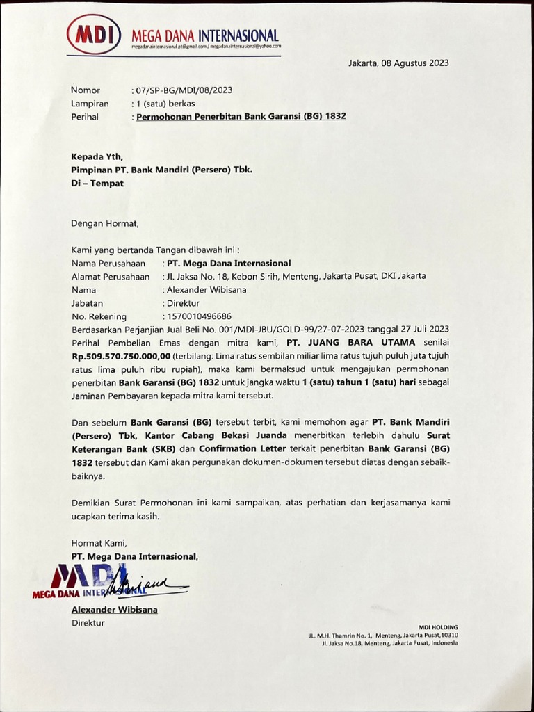 Surat Permohonan Penerbitan Bank Garansi PT - MDI | PDF