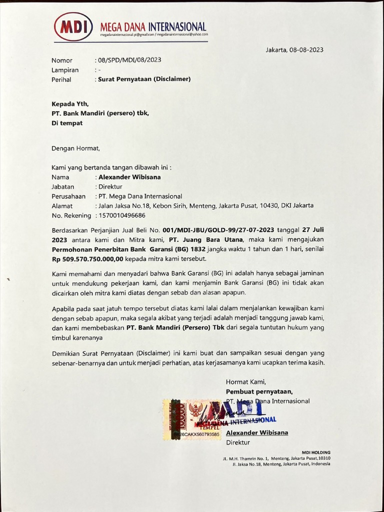 Surat Pernyataan (Disclaimer) - PT - MDI | PDF