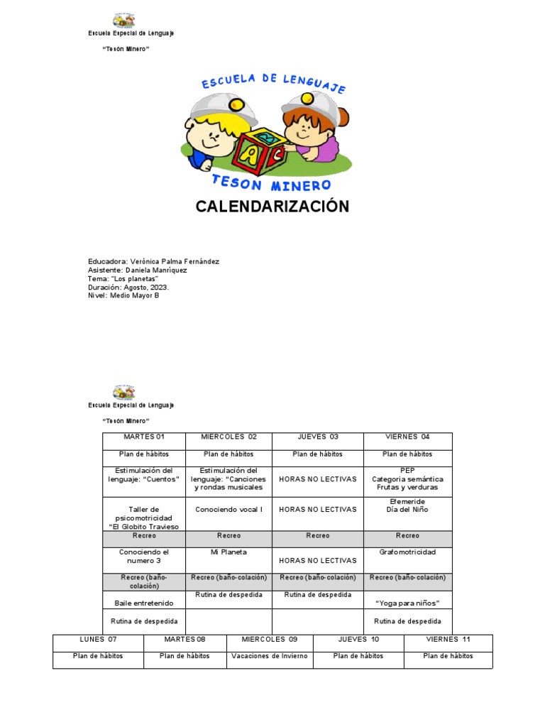 CALENDARIZACION Agosto - MEDIO MAYOR B | PDF | Artes del Lenguaje y ...