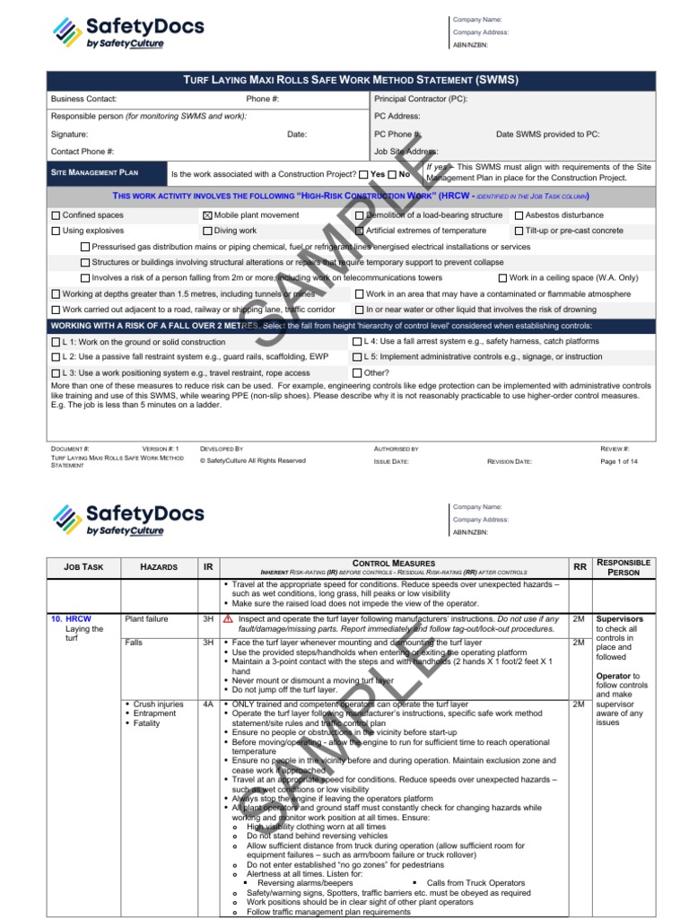 Turf Laying Maxi Rolls Safe Work Method Statement-SAMPLE | PDF