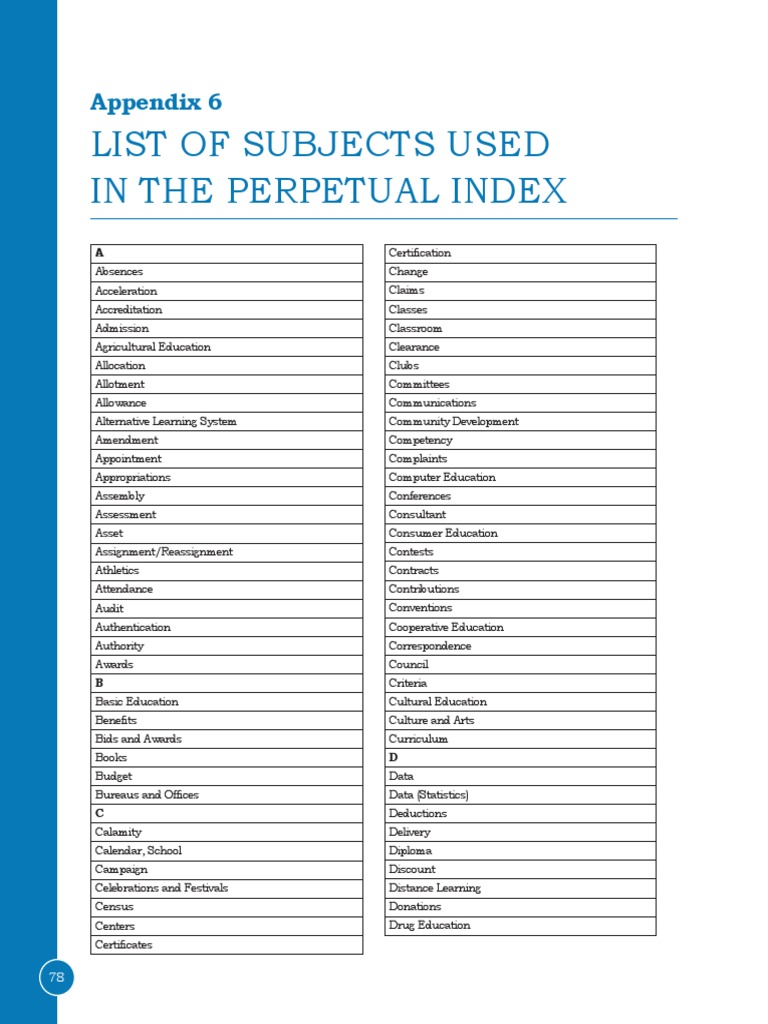 LIST OF SUBJECTS USED IN THE PERPETUAL INDEX | PDF