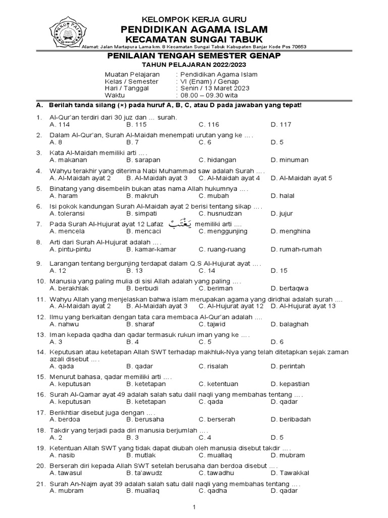 PTS Genap PAI Kelas 6 | PDF