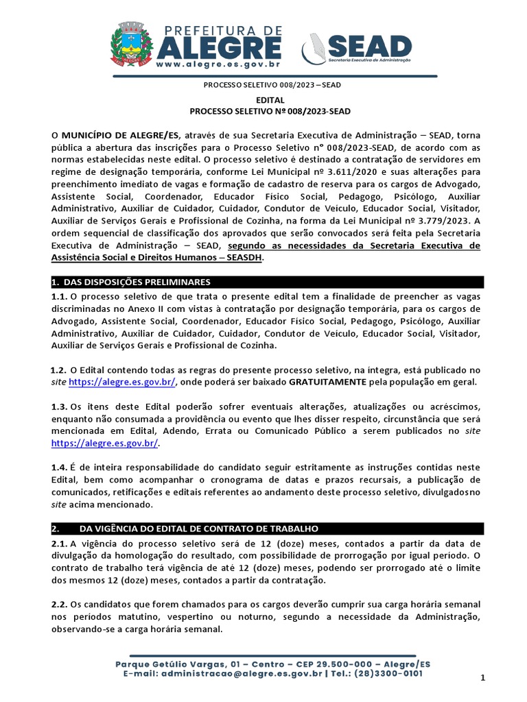 Edital Processo Seletivo 008-2023 SEAD-SEASDH | PDF