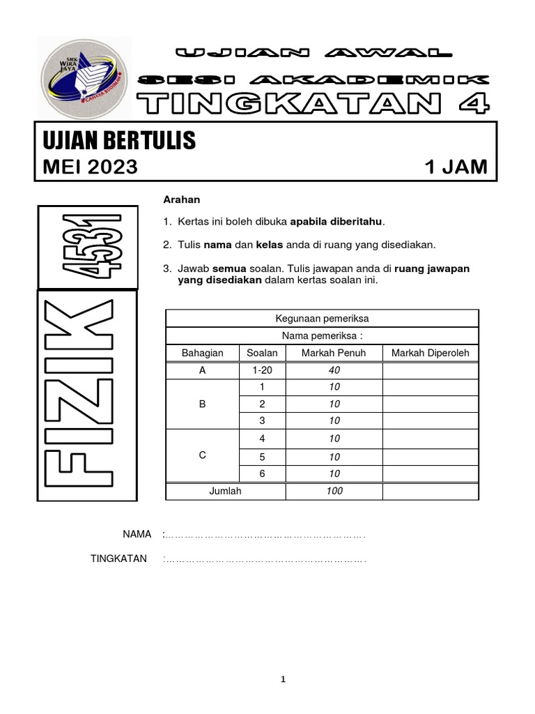 Fizik T4 Ujian Sumatif Awal Tahun 2023 | PDF
