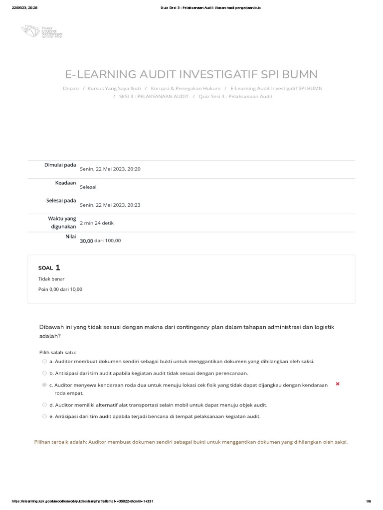 Quiz Sesi 3 - Pelaksanaan Audit - Ulasan Hasil Pengerjaan Kuis - Merah | PDF