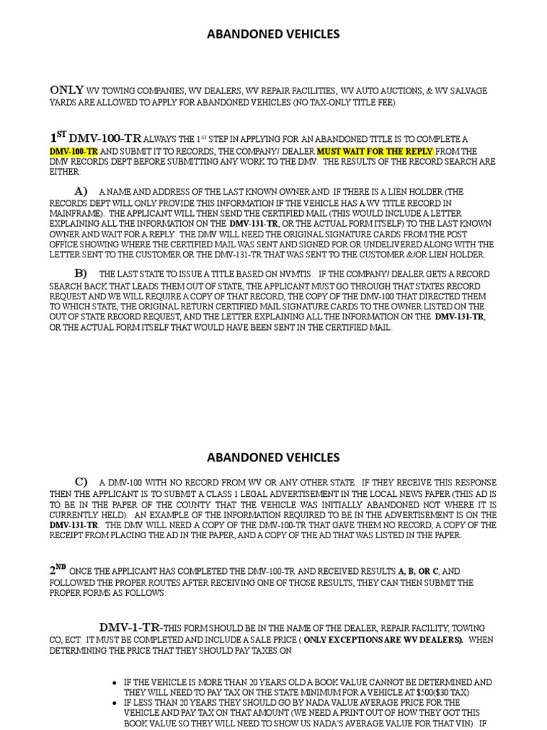 WV Abandoned Vehicle Title Process | PDF | Registered Mail | Taxes