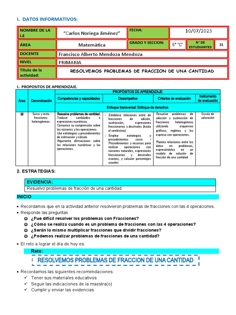SESION 10 Julio MAT PROBL FRACCION CANTIDAD. | PDF | Sustracción | Evaluación