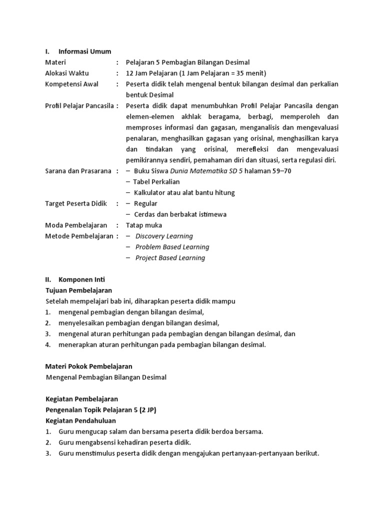 Pembagian Bilangan Desimal | PDF