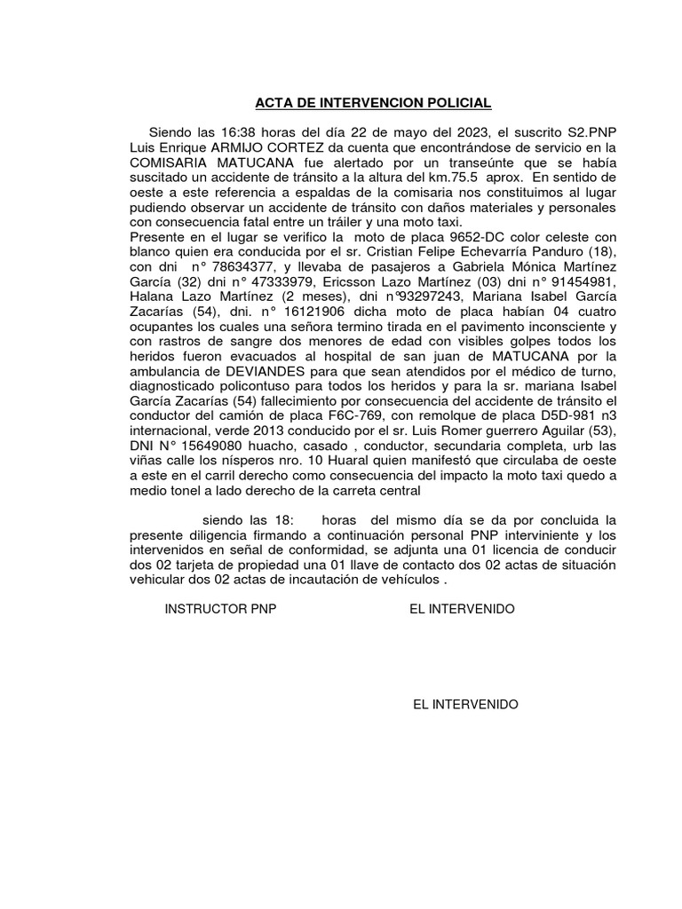 Acta de Intervencion Policial Moto y Camion | PDF