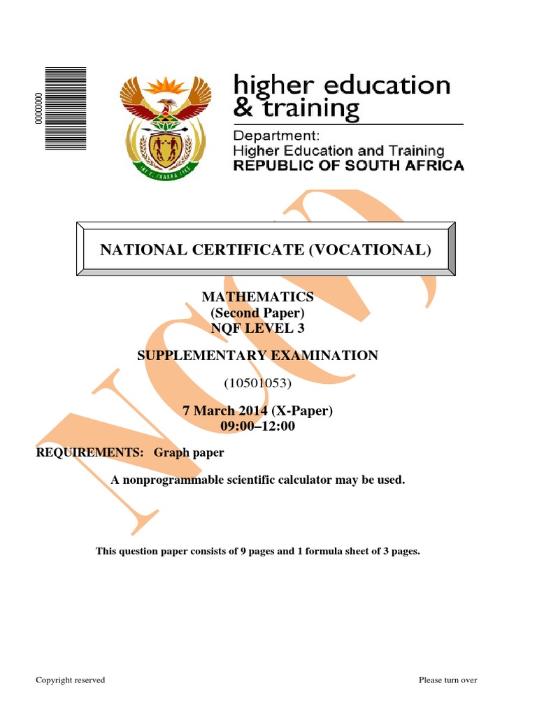 NCV Mathematics Lvl3 Paper 2 X Paper Mar 2014 Supplementary | PDF