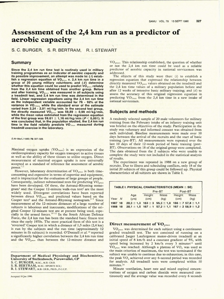 Assessment of the 2,4 km run as a predictor of Aerobic Capacity | PDF