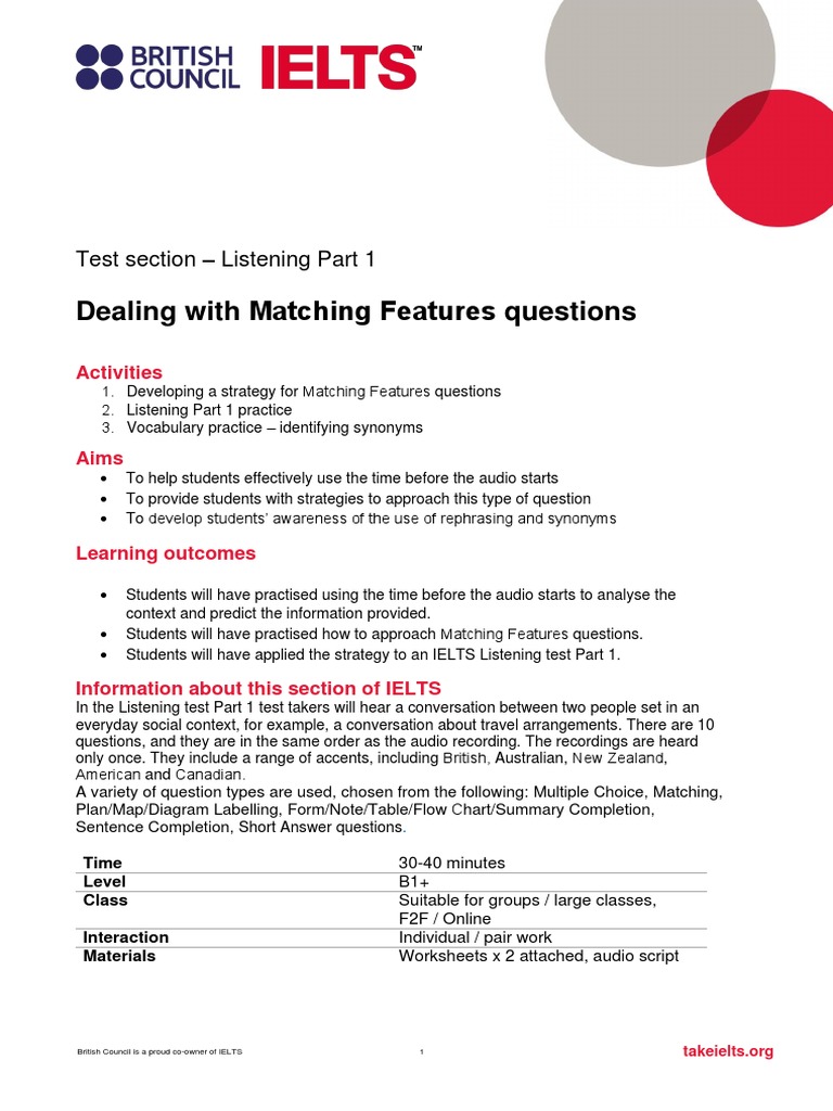 Listening Part 1 Matching Features | PDF