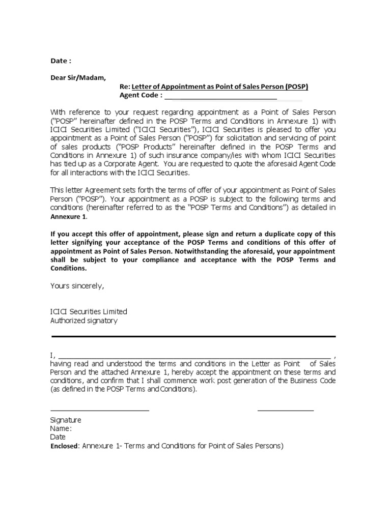 POS Appointment Letter and TC | PDF | Business