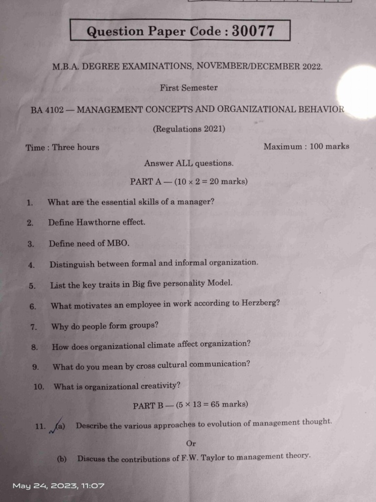 1 ST Semester Questions Paper Mba | PDF
