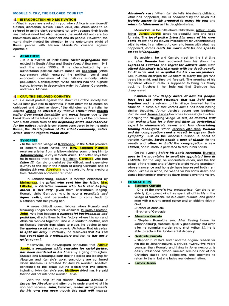 3 NOTES - Cry, The Beloved Country | PDF