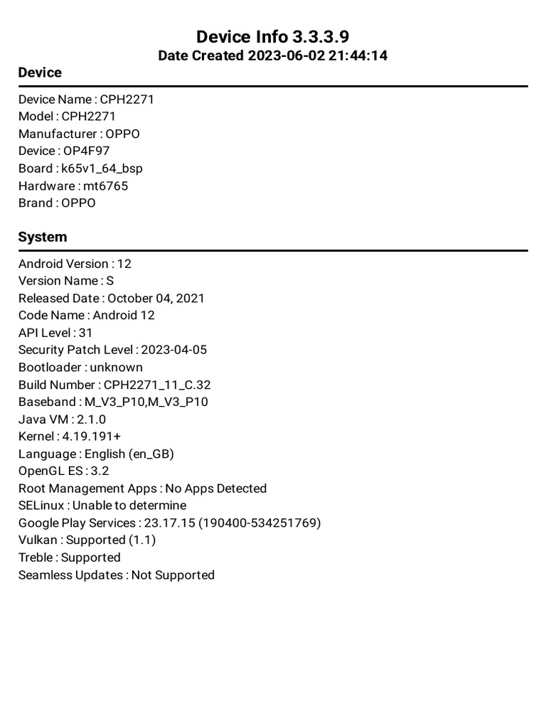 OPPO CPH2271 Android 12 Specs | PDF