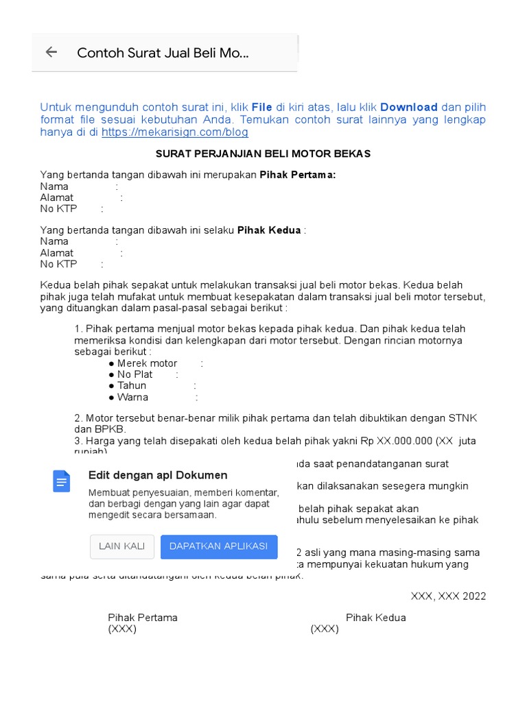Contoh Surat Jual Beli Motor Bekas | PDF