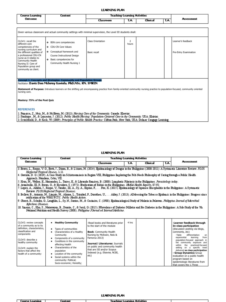 NCM 113 Learning Plan Rev.2023 | PDF | Epidemiology | Public Health