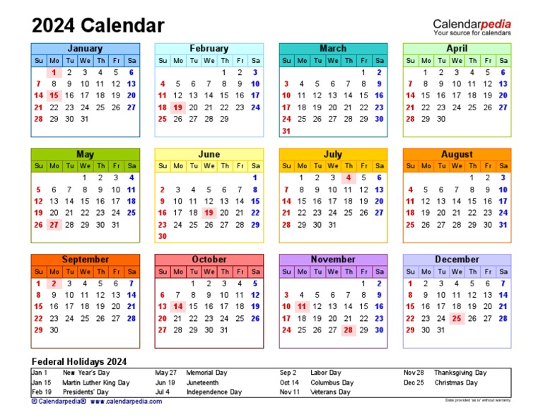 2024 Calendar Landscape Year at A Glance in Color | PDF | Festival ...