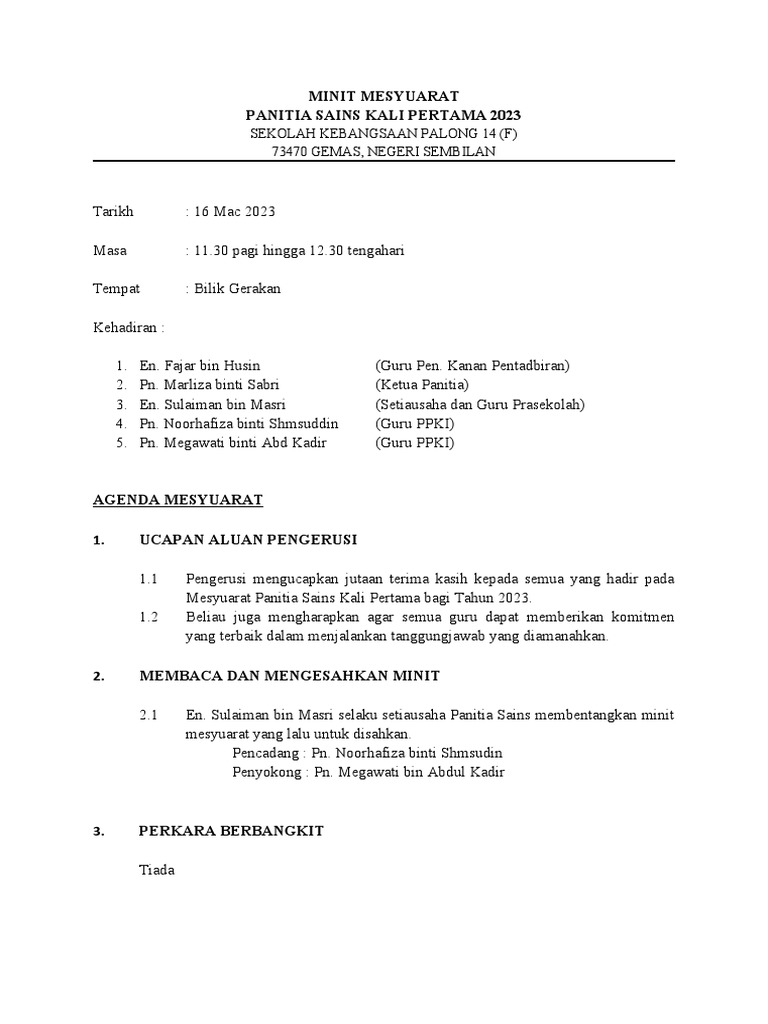 Minit Mesyuarat Panitia Sains Kali Pertama 2023 | PDF
